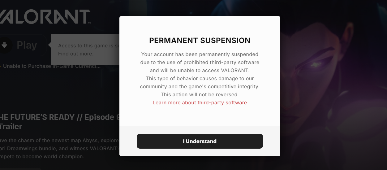 Valorant perma banned "third party software" - VALORANT