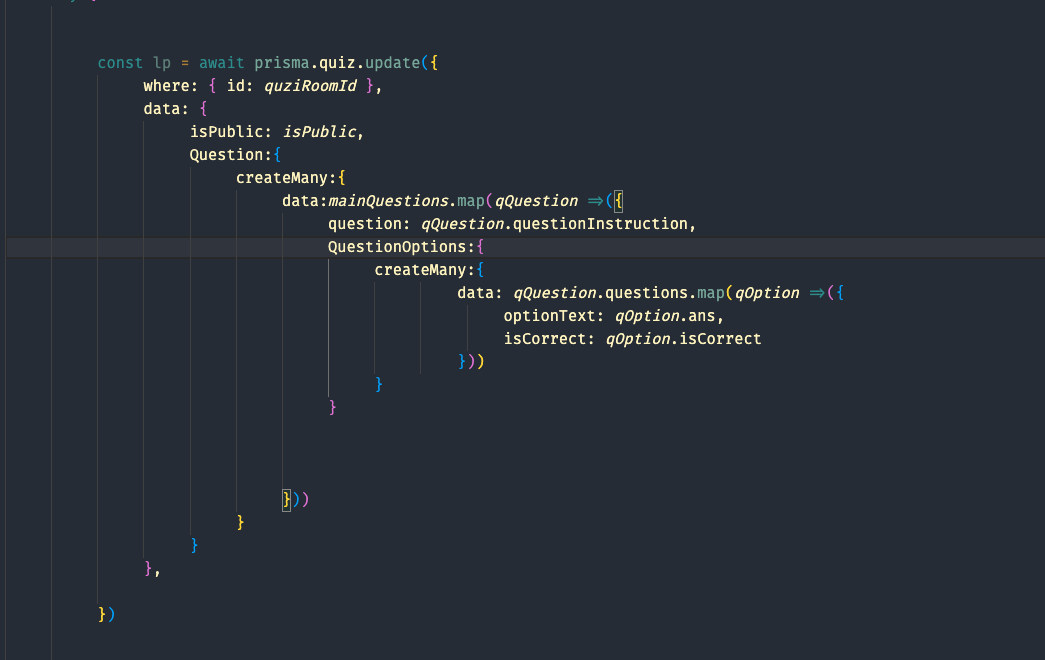 I have a nested create many query I am getting Unknown argument 'QuestionOptions' - Prisma